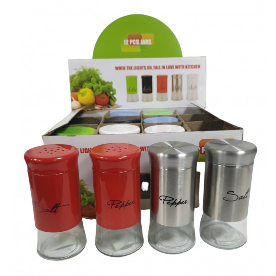 SALT PEPPER SHAKER BOTTLES ASSORTED COLOURS IN DISPLAY BOX